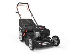 yard force gas lawn mower 22-inch, yf22-3n1sp with briggs & stratton 150cc engine, vertical storage, self-propelled, single lever cutting height adjustment, 12-inch rear wheels