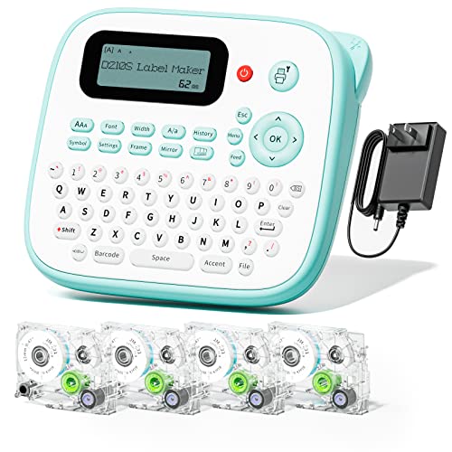 Labelife Label Maker Machine with 4 Tapes, Portable Label Maker D210S, QWERTY Keyboard, One-Touch Keys, Easy-to-Use, Handheld Label Maker with Tapes and AC Adapter, for Home Office Organization, Green