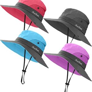 4 Pack Womens Ponytail Summer Sun Hat UV Protection Foldable Mesh Wide Brim Beach Fishing Cap (4 Pack-Purple＆Watermelon Red＆Sky Blue＆Grey)