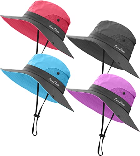 4 Pack Womens Ponytail Summer Sun Hat UV Protection Foldable Mesh Wide Brim Beach Fishing Cap (4 Pack-Purple＆Watermelon Red＆Sky Blue＆Grey)