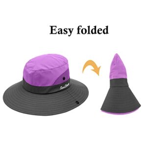 4 Pack Womens Ponytail Summer Sun Hat UV Protection Foldable Mesh Wide Brim Beach Fishing Cap (4 Pack-Purple＆Watermelon Red＆Sky Blue＆Grey)