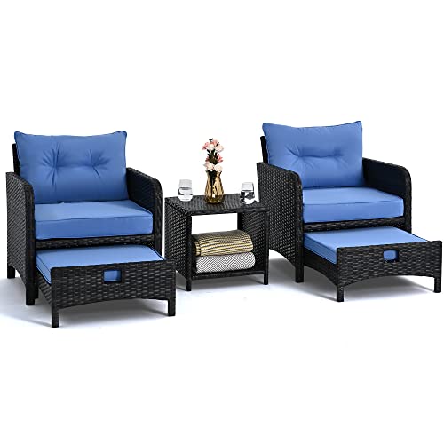 Pamapic 5 Pieces Wicker Patio Furniture Set Outdoor Patio Chairs with Ottomans Conversation Furniture with coffetable for Poorside Garden Balcony(Blue Cushion + Black Rattan)…