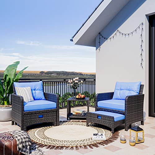 Pamapic 5 Pieces Wicker Patio Furniture Set Outdoor Patio Chairs with Ottomans Conversation Furniture with coffetable for Poorside Garden Balcony(Blue Cushion + Black Rattan)…