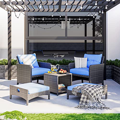 Pamapic 5 Pieces Wicker Patio Furniture Set Outdoor Patio Chairs with Ottomans Conversation Furniture with coffetable for Poorside Garden Balcony(Blue Cushion + Black Rattan)…