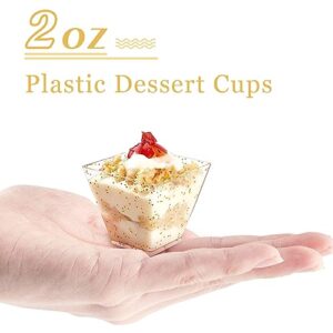 Kucoele 100 Pack 2 oz Mini Dessert Cups with Spoons, Gold Glitter Plastic Serving Cups for Small Appetizers Parfaits Puddings Fruits Yogurts and Tastings