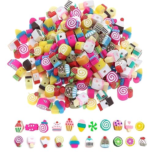 200pcs Clay Candy Beads Assorted Sweets Polymer Spacer Beads, Mixed Clay Lucky Candy Charms Kawaii Cute bonbons Fruits Beads for Nail DIY Bracelet Necklace Earring Hair Clip Accessories Making