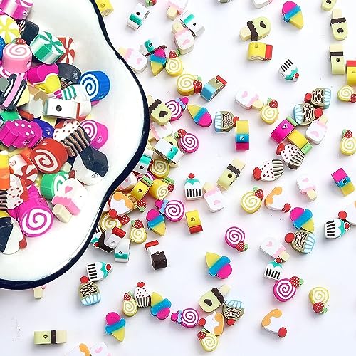 200pcs Clay Candy Beads Assorted Sweets Polymer Spacer Beads, Mixed Clay Lucky Candy Charms Kawaii Cute bonbons Fruits Beads for Nail DIY Bracelet Necklace Earring Hair Clip Accessories Making