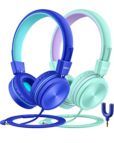 Nabevi [2 Pack Kids Headphones with Mirophone, Kids Headphones for School, 91dB Safe Volume Limited, Splitter, Kids Headphones for School, Toddler Headphones, for On-line Study, Travel, Girls, Boys