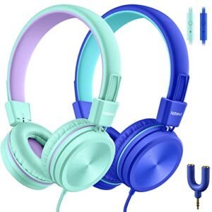 Nabevi [2 Pack Kids Headphones with Mirophone, Kids Headphones for School, 91dB Safe Volume Limited, Splitter, Kids Headphones for School, Toddler Headphones, for On-line Study, Travel, Girls, Boys