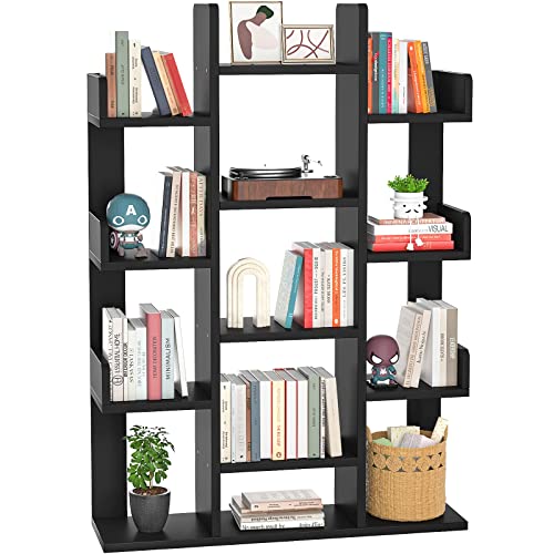 Aheaplus Bookshelf, Tree-Shaped Bookcase Storage Shelf with 13 compartments, Books Organizer Display Cube Shelves, Industrial Free Floor Standing Wood Open Bookshelves, Black