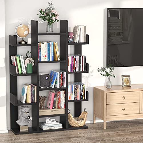 Aheaplus Bookshelf, Tree-Shaped Bookcase Storage Shelf with 13 compartments, Books Organizer Display Cube Shelves, Industrial Free Floor Standing Wood Open Bookshelves, Black