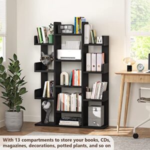 Aheaplus Bookshelf, Tree-Shaped Bookcase Storage Shelf with 13 compartments, Books Organizer Display Cube Shelves, Industrial Free Floor Standing Wood Open Bookshelves, Black