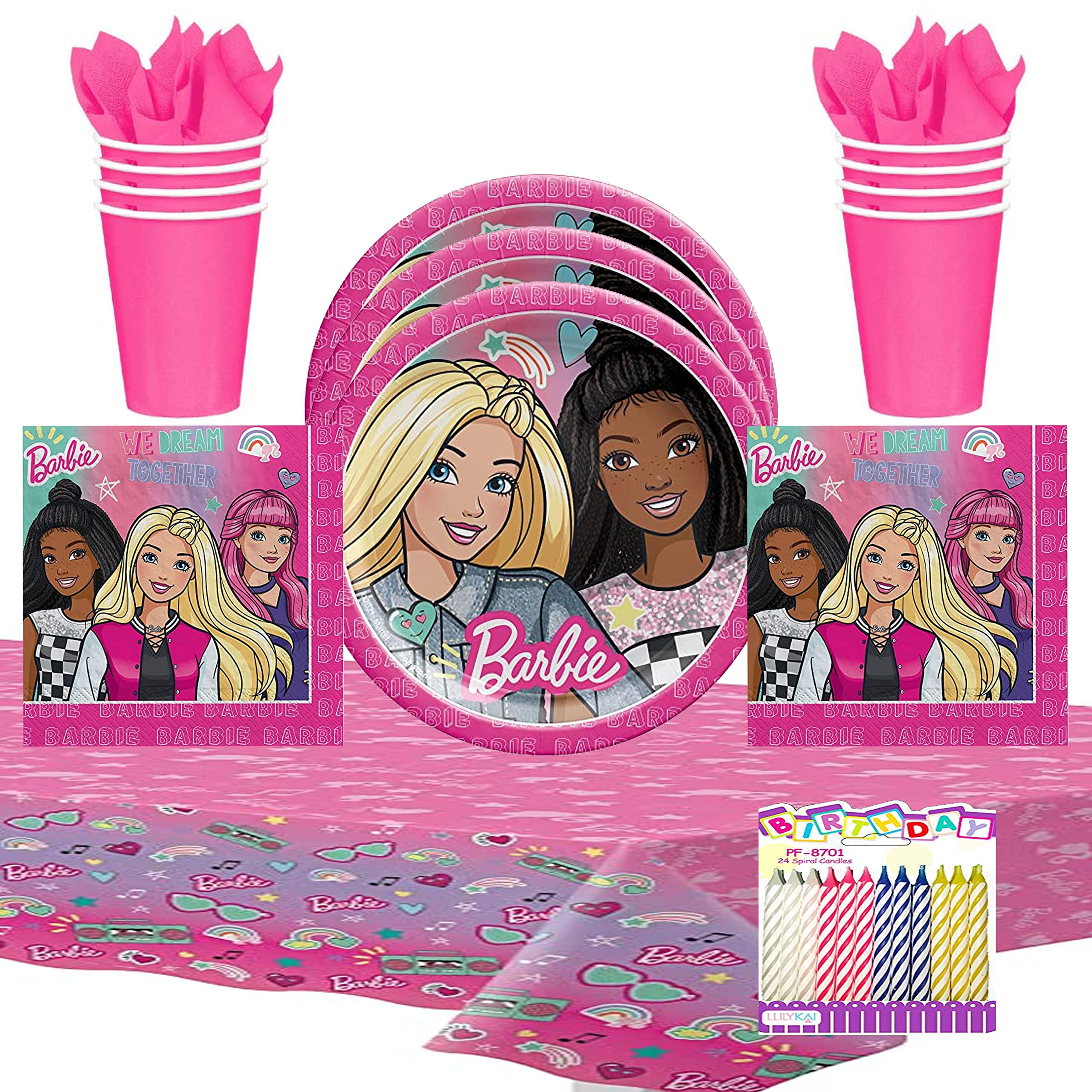 Barbie Dream Together Party Supplies Pack Serves 16: 9" Plates Luncheon Napkins Cups and Table Cover with LLILYKAI Birthday Candles Multicolor