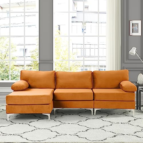 Casa Andrea Milano llc Modern Large Velvet Fabric Sectional Sofa L Shape Couch with Extra Wide Chaise Lounge, Orange