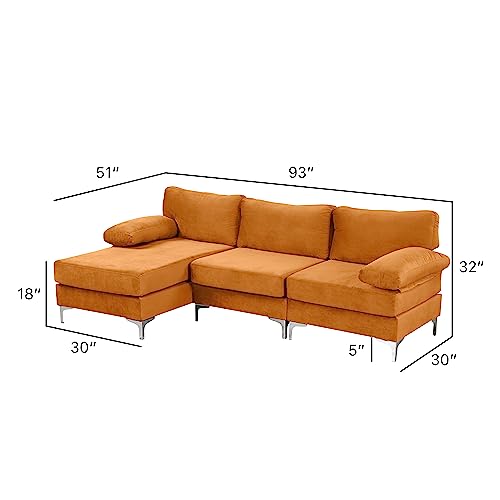 Casa Andrea Milano llc Modern Large Velvet Fabric Sectional Sofa L Shape Couch with Extra Wide Chaise Lounge, Orange