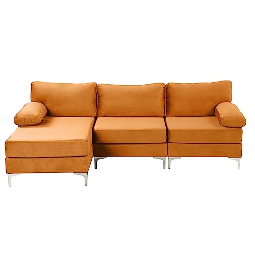 Casa Andrea Milano llc Modern Large Velvet Fabric Sectional Sofa L Shape Couch with Extra Wide Chaise Lounge, Orange