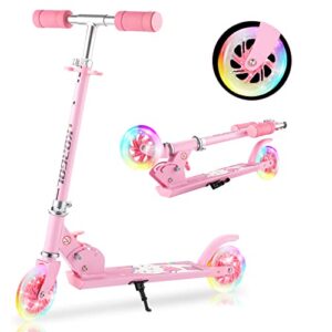 scooter for kids ages 3-12 - kids kick scooters with led light up wheels & 3 levels adjustable handlebar, lightweight foldable 2 wheel girly pink scooter, christmas birthday gifts for girls boys.