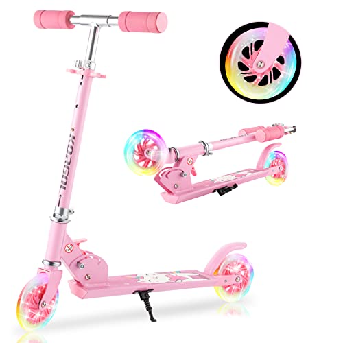 Scooter for Kids Ages 3-12 - Kids Kick Scooters with Led Light Up Wheels & 3 Levels Adjustable Handlebar, Lightweight Foldable 2 Wheel Girly Pink Scooter, Christmas Birthday Gifts for Girls Boys.