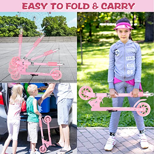 Scooter for Kids Ages 3-12 - Kids Kick Scooters with Led Light Up Wheels & 3 Levels Adjustable Handlebar, Lightweight Foldable 2 Wheel Girly Pink Scooter, Christmas Birthday Gifts for Girls Boys.