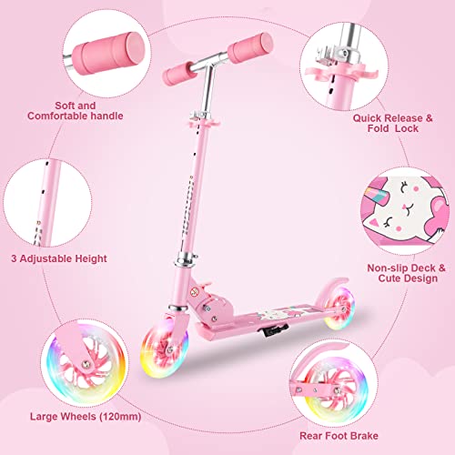 Scooter for Kids Ages 3-12 - Kids Kick Scooters with Led Light Up Wheels & 3 Levels Adjustable Handlebar, Lightweight Foldable 2 Wheel Girly Pink Scooter, Christmas Birthday Gifts for Girls Boys.