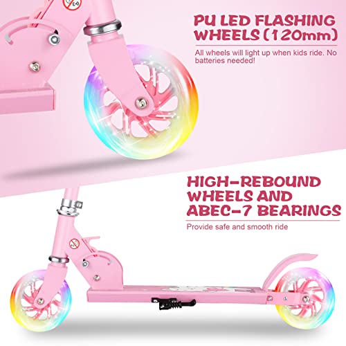 Scooter for Kids Ages 3-12 - Kids Kick Scooters with Led Light Up Wheels & 3 Levels Adjustable Handlebar, Lightweight Foldable 2 Wheel Girly Pink Scooter, Christmas Birthday Gifts for Girls Boys.