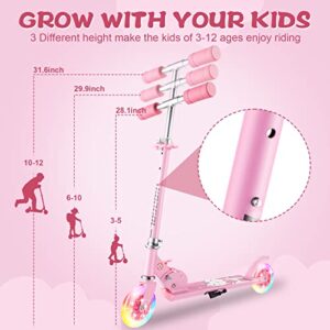 Scooter for Kids Ages 3-12 - Kids Kick Scooters with Led Light Up Wheels & 3 Levels Adjustable Handlebar, Lightweight Foldable 2 Wheel Girly Pink Scooter, Christmas Birthday Gifts for Girls Boys.