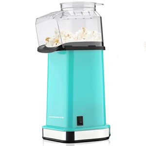 ovente hot air popcorn maker 16-cup capacity with detachable measuring cup, bpa free, no oil needed, 1400w, turquoise, pm11t