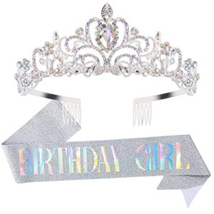 "birthday girl" sash & rhinestone tiara set silver cocide birthday sash and tiara for women birthday decoration kit rhinestone headband for girl glitter crystal hair accessories for birth party (aurora borealis silver tiara + silver sash)