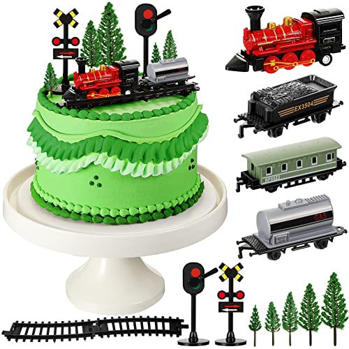 13 Pieces Train Cake Toppers Train Cake Decorations Train Birthday Party Supplies Mini Train Toy Set Train Track Traffic Lights Cake Topper for Birthday Railway Steam Train Theme Party (Cute Style)