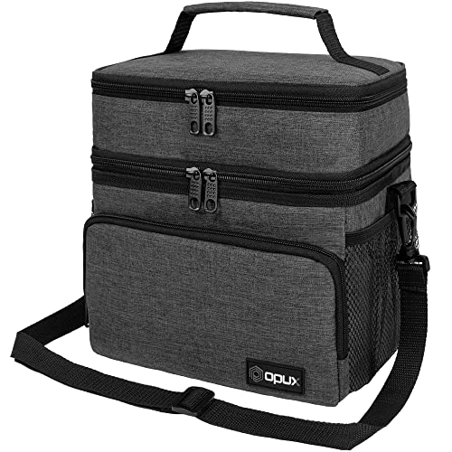 opux Insulated Lunch Bag for Men Women, Large Dual Compartment Cooler Bag, Soft Two Deck Lunch Box for Work School Picnic, Leakproof Lunch Tote with Strap for Kid Adult (Charcoal Gray, Double Deck)