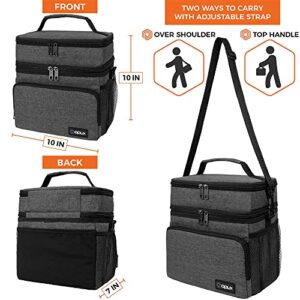 opux Insulated Lunch Bag for Men Women, Large Dual Compartment Cooler Bag, Soft Two Deck Lunch Box for Work School Picnic, Leakproof Lunch Tote with Strap for Kid Adult (Charcoal Gray, Double Deck)