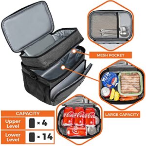 opux Insulated Lunch Bag for Men Women, Large Dual Compartment Cooler Bag, Soft Two Deck Lunch Box for Work School Picnic, Leakproof Lunch Tote with Strap for Kid Adult (Charcoal Gray, Double Deck)