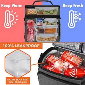 opux Insulated Lunch Bag for Men Women, Large Dual Compartment Cooler Bag, Soft Two Deck Lunch Box for Work School Picnic, Leakproof Lunch Tote with Strap for Kid Adult (Charcoal Gray, Double Deck)