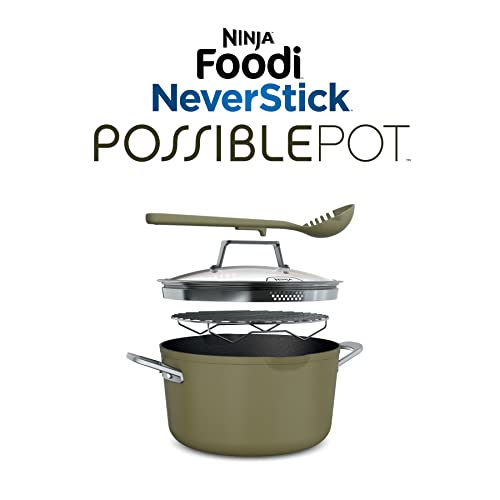 Ninja CW202GN Foodi NeverStick PossiblePot, Premium Set with 7-Quart Capacity Pot, Roasting Rack, Glass Lid & Integrated Spoon, Nonstick, Durable & Oven Safe to 500°F, Olive Green