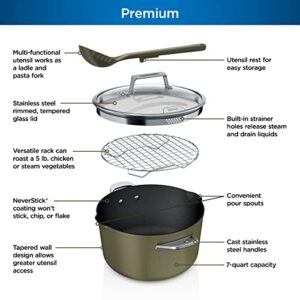 Ninja CW202GN Foodi NeverStick PossiblePot, Premium Set with 7-Quart Capacity Pot, Roasting Rack, Glass Lid & Integrated Spoon, Nonstick, Durable & Oven Safe to 500°F, Olive Green