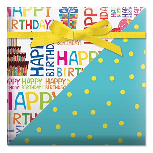 Current Happy Birthday Words with Dots Reversible Double-Sided Jumbo Gift Wrap Roll, 23 inches x 32 feet per roll