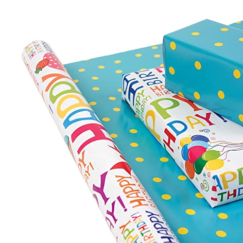 Current Happy Birthday Words with Dots Reversible Double-Sided Jumbo Gift Wrap Roll, 23 inches x 32 feet per roll