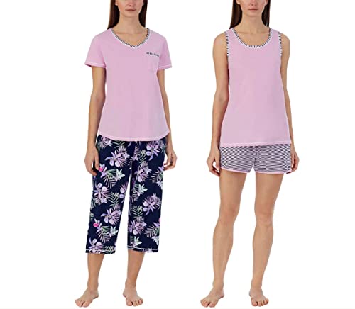 Carole Hochman Women's 4 Piece Pajama Set - Tank Top, Short Sleeve Top, Short, and Capri Pant (Purple-Floral, XXL)