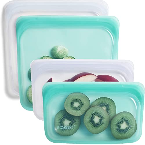 Stasher Silicone Reusable Storage Bag, Bundle 4-Pack Lunch (Clear+Aqua) | Food Meal Prep Storage Container | Lunch, Travel, Makeup, Gym Bag | Freezer, Oven, Microwave, Dishwasher Safe, Leakproof