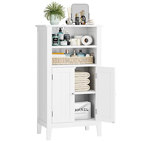 FOTOSOK Bathroom Storage Cabinet, Floor Storage Cabinet with 2 Doors and Shelves for Living Room, Bedroom, Kitchen and Office, White