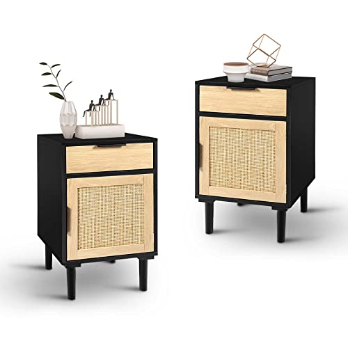 DOALBUN OKL Tall Nightstand Set of 2,Rattan End Table with Drawer and Decorated Doors,Side Table Solid Wood Accent Bedside Table with Storage for Living Room,Bedroom (Black)