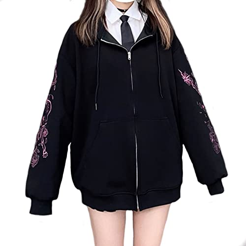 Soosuihoo Women y2k Skull Print Streetwear Hoddies Skeleton Harajuku Vintage Goth Emo Egirl Anime Clothes Long Sleeves Zip-up Jaket (L, Black)