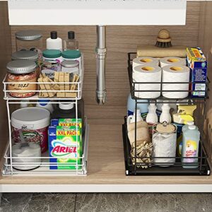 Ronanemon Under Sink Cabinet Organizer Storage with 2 Tier Pull Out Sliding Shelf with Protective Shelf Liners for Kitchen Bathroom Cabinet(White)