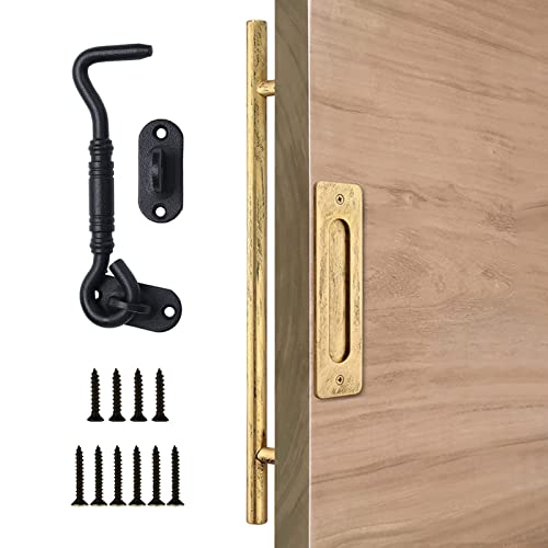 MIWOOYY 23 inch Barn Door Handle Distressed Gold - Rustic Sliding Barn Pull Flush Door Handles with Lock Hook Latch Sets, for Barn Door Gates Garages Sheds