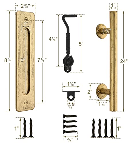 MIWOOYY 23 inch Barn Door Handle Distressed Gold - Rustic Sliding Barn Pull Flush Door Handles with Lock Hook Latch Sets, for Barn Door Gates Garages Sheds