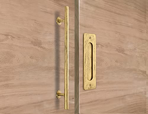 MIWOOYY 23 inch Barn Door Handle Distressed Gold - Rustic Sliding Barn Pull Flush Door Handles with Lock Hook Latch Sets, for Barn Door Gates Garages Sheds