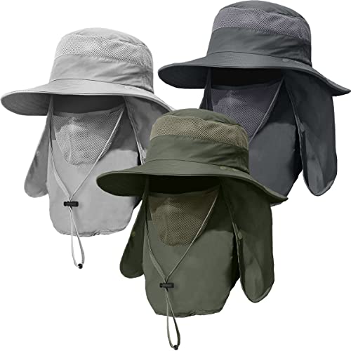 3 Pack Mens Outdoor Wide Brim Fishing Hat,UPF 50+ Sun Protection Cap with Face Neck Flap for Hiking & Garden (3 Pack-Dark Grey＆Light Grey＆Army Green)