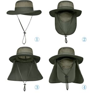 3 Pack Mens Outdoor Wide Brim Fishing Hat,UPF 50+ Sun Protection Cap with Face Neck Flap for Hiking & Garden (3 Pack-Dark Grey＆Light Grey＆Army Green)