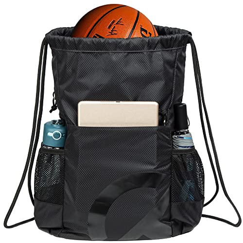 TRAILKICKER Drawstring Backpack Bag Basketball Football Volleyball Mesh Gym Sports String Drawstring Bag Waterproof for Men &Women with Smooth Zipper and Two Mesh Water Bottle Holder (Black)