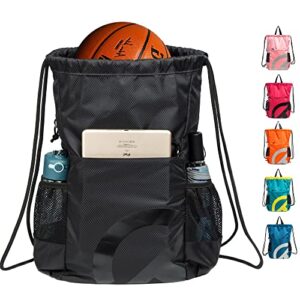 TRAILKICKER Drawstring Backpack Bag Basketball Football Volleyball Mesh Gym Sports String Drawstring Bag Waterproof for Men &Women with Smooth Zipper and Two Mesh Water Bottle Holder (Black)